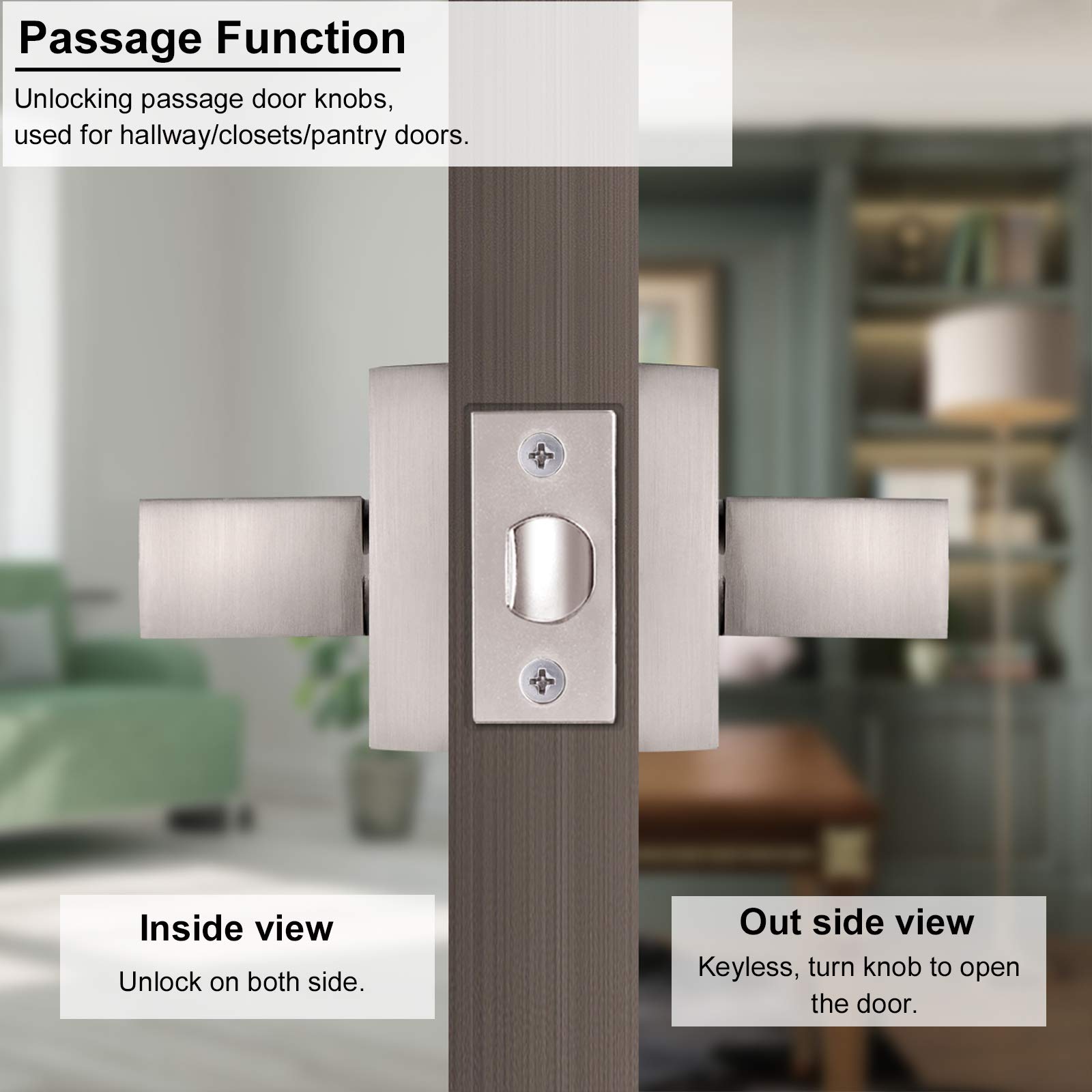 Knobonly Interior Door Handles, Brushed Nickel Passage Door Handles, Closet Door Handle Sets, Keyless Sqaure Door Handles, Heavy Duty Door Handles, 6 Pack