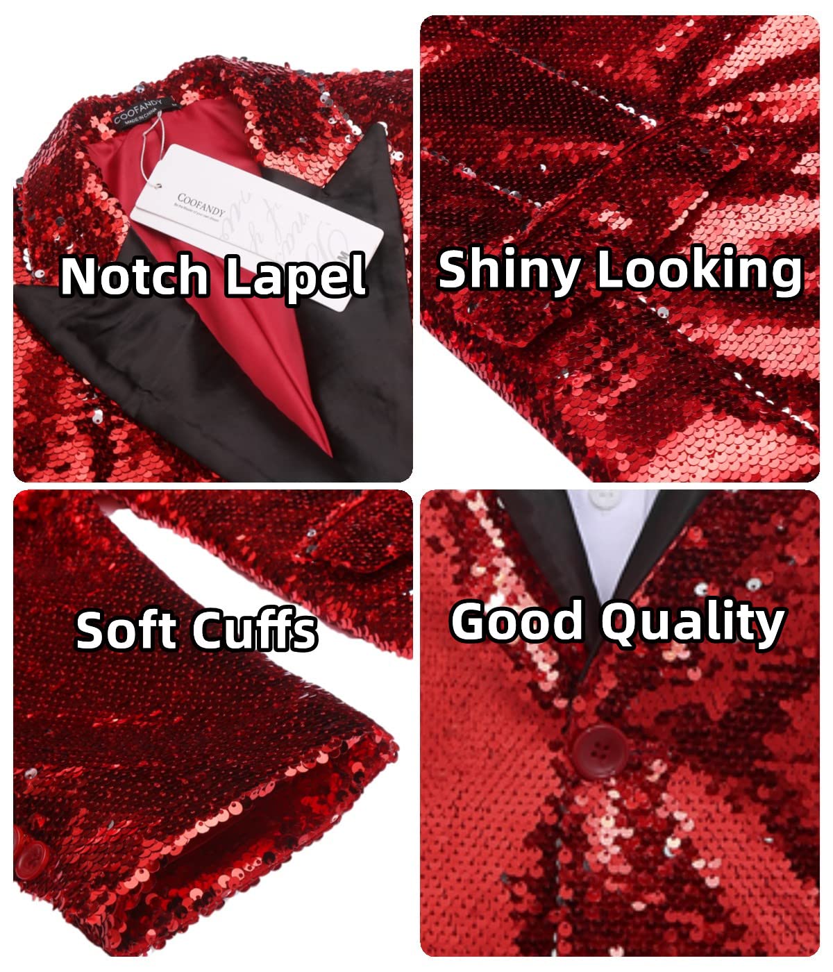 COOFANDY Mens Sequin Suit Jacket Stylish Shawl Lapel Glitter Blazer Jacket with Pockets Red