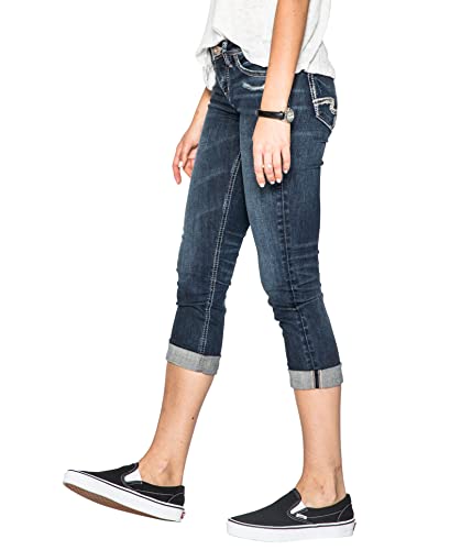 Silver Jeans Co. Women's Suki Mid Rise Curvy Fit Capri Jeans, Dark Denimotion, 31 Regular