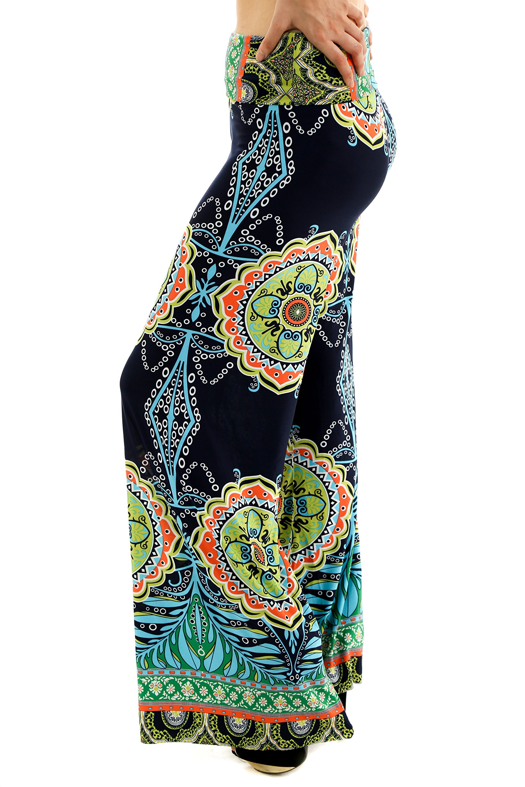 Uptown Apparel Womens Fold Over Waist Wide Leg Palazzo Pants, Good for Tall Curvy Women-Ships from U.S.A. (Small, Navy Tribal)