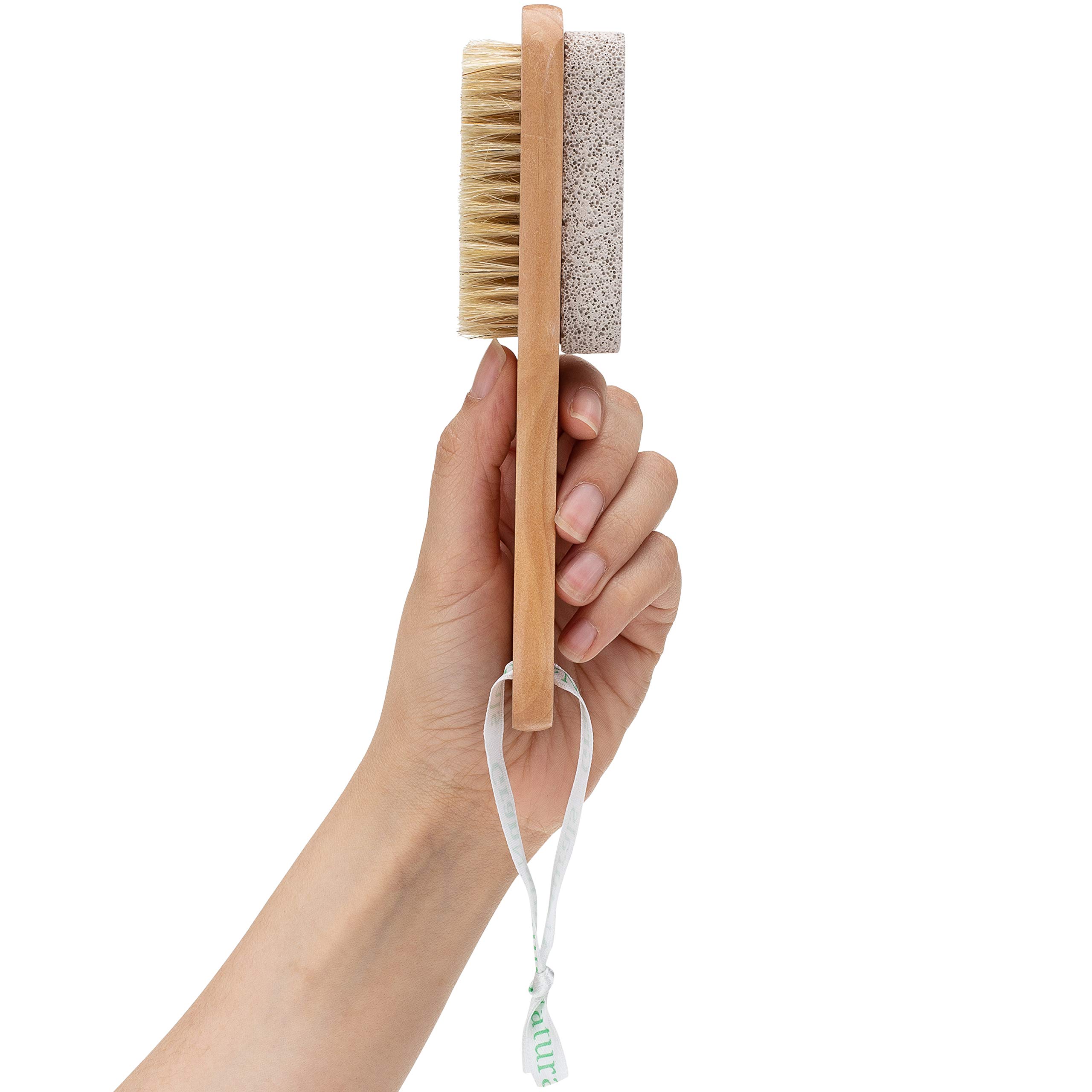 Foot Brush & Pumice Stone with Handle - Callus & Corn Remover, Exfoliator & Scrubber for Dry, Dead Skin on Feet - Natural Bristles & Stone with Wooden Handle - Men & Women