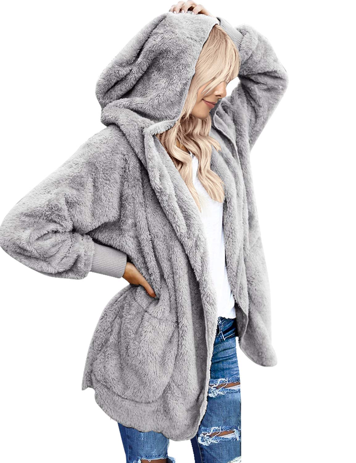 LookbookStore Women 2024 Winter Coats for Women Teddy Jackets Cozy Sweater Fluffy Jackets Women Fuzzy Oversized Cardigan Hooded Coatigan Light Grey Hooded Cardigan Trendy Bed Jacket Size L Size 12 14