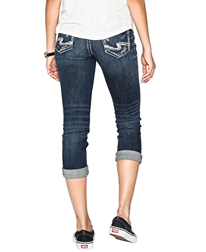 Silver Jeans Co. Women's Suki Mid Rise Curvy Fit Capri Jeans, Dark Denimotion, 31 Regular