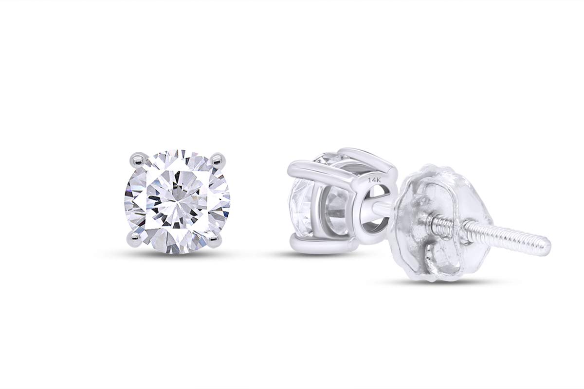1/10ctw Round Natural Diamond Stud (IGI Certified 0.70 ct & up) Plus Quality Screw Back Earrings in 14k Solid White Gold, 0.04 Ctw - 2.00 Ctw