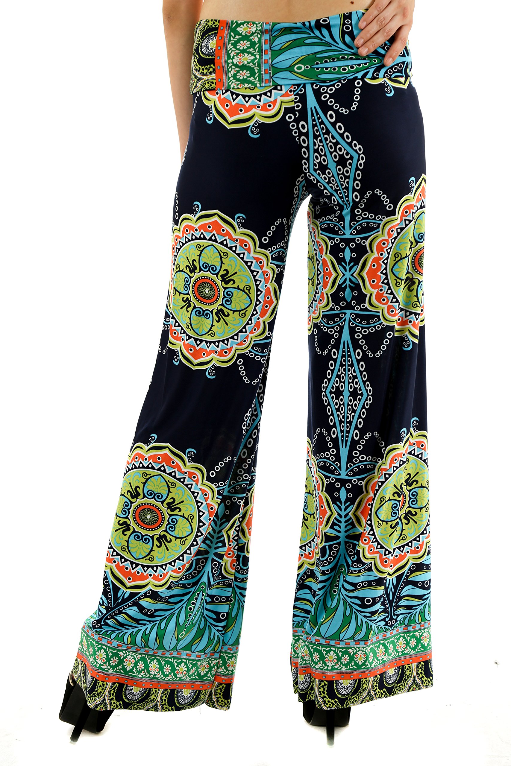 Uptown Apparel Womens Fold Over Waist Wide Leg Palazzo Pants, Good for Tall Curvy Women-Ships from U.S.A. (Small, Navy Tribal)