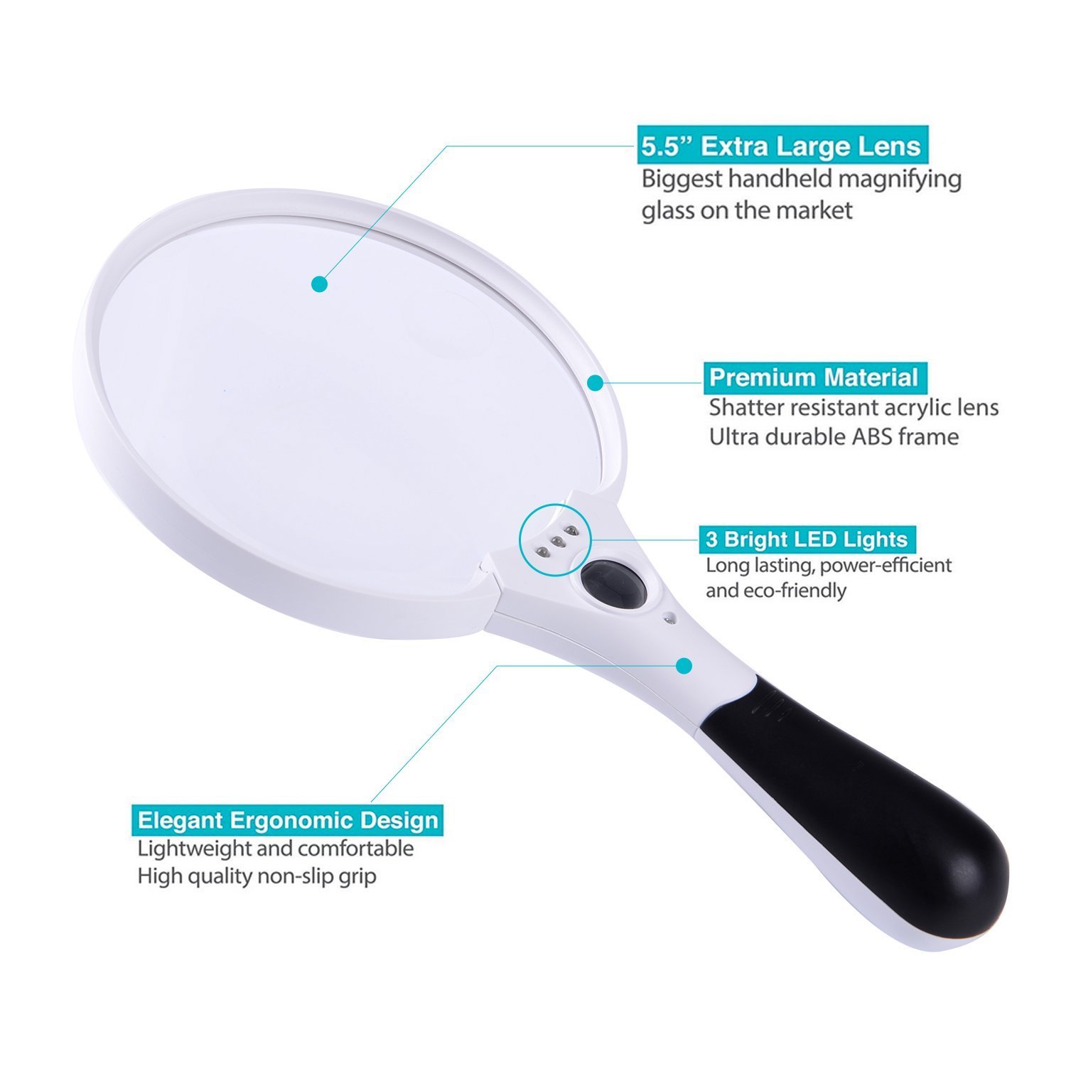 5.5-Inch Extra Large Handheld Magnifying Glass with LED Light, Oversize Reading Magnifying Loupe 2X 4X 25X Zoom Illuminated Magnifier Lens for Hobby Art Crafts Inspection & Low Vision Aids