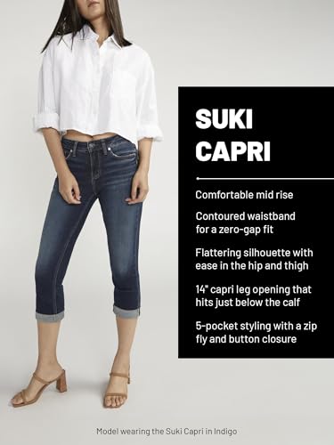 Silver Jeans Co. Women's Suki Mid Rise Curvy Fit Capri Jeans, Dark Denimotion, 31 Regular