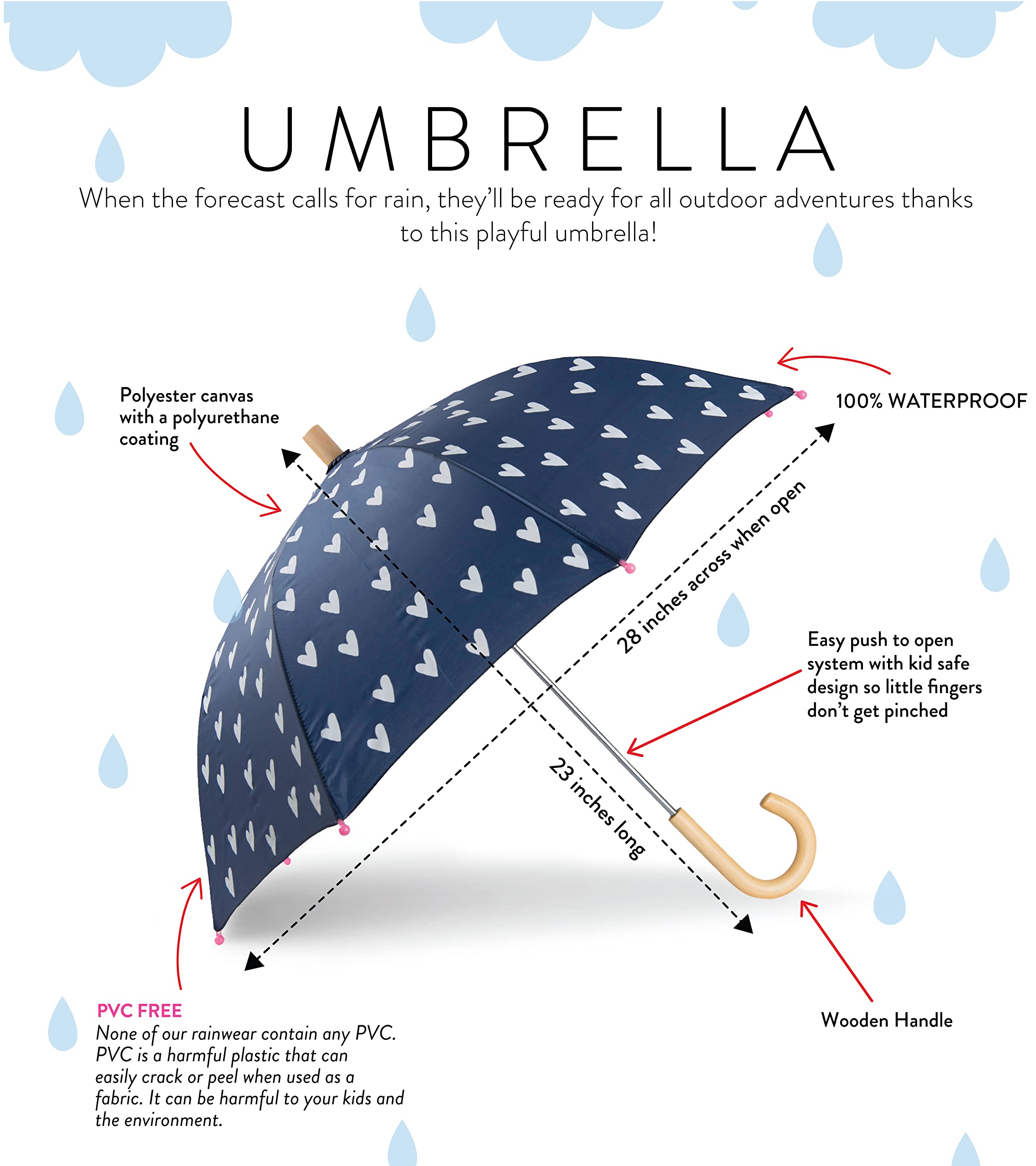 Hatley Kids Printed Umbrellas, Navy & White Hearts, One Size