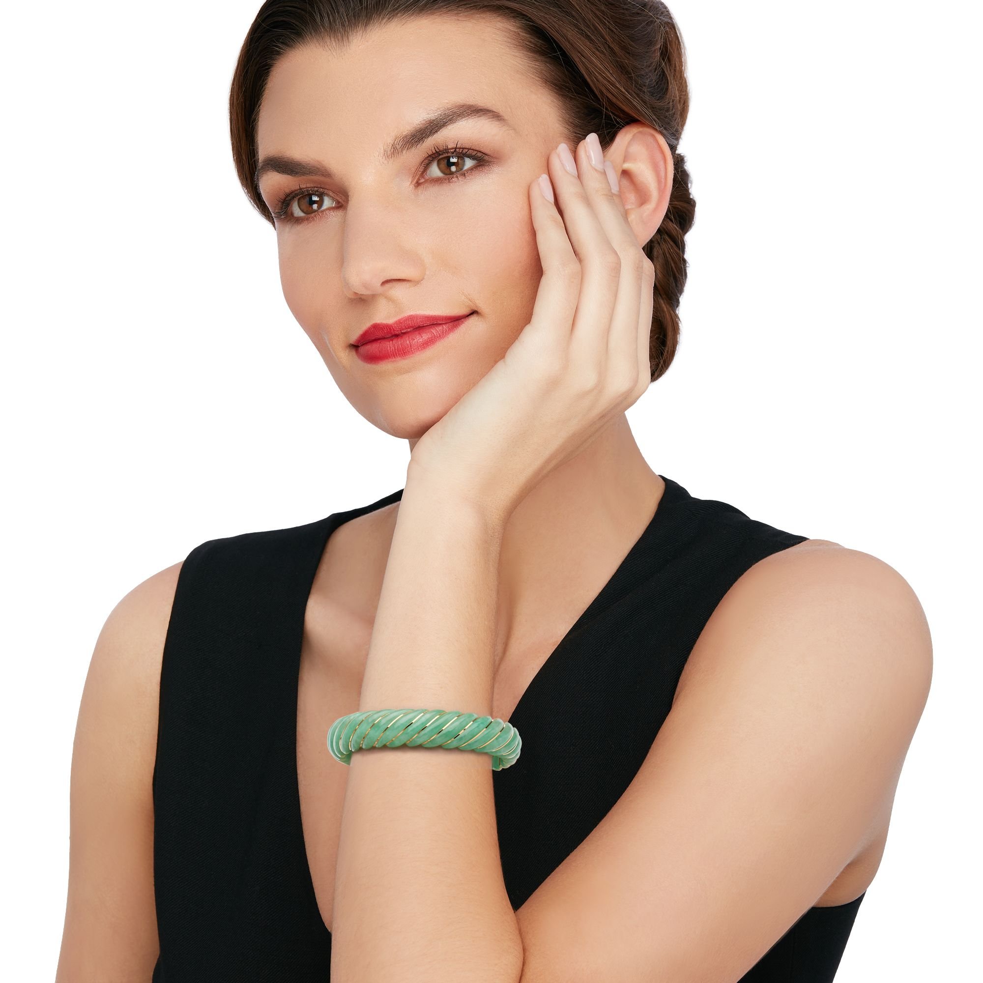 Ross-Simons Carved Jade Bangle Bracelet With 14kt Yellow Gold. 8 inches
