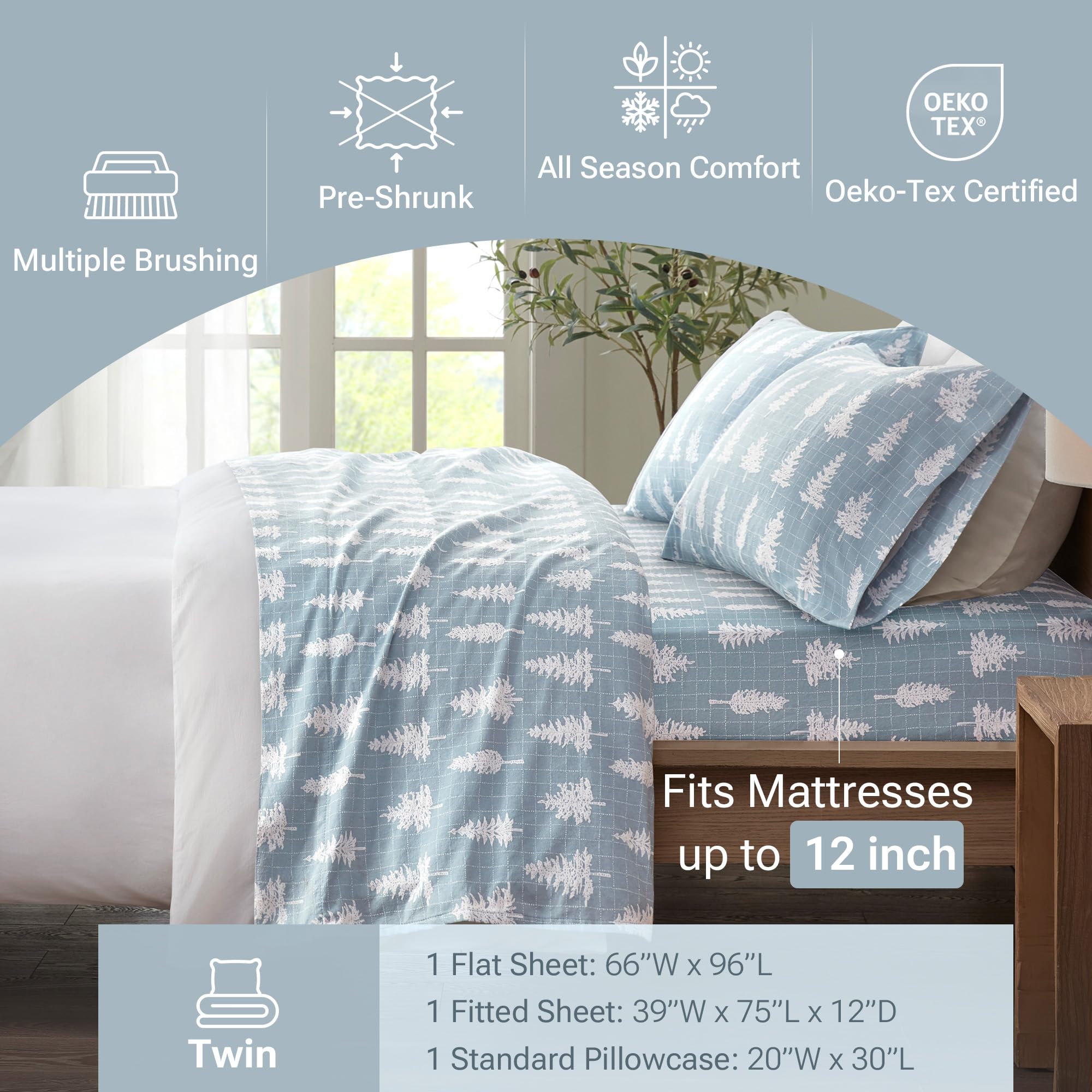 True North by Sleep Philosophy Cozy Flannel Warm 100% Cotton Sheet - Novelty Print Animals Stars Cute Ultra Soft Cold Weather Bedding Set, Twin, Blue Forest 3 Piece
