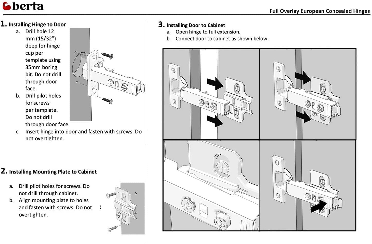 Berta 10-Pack Full Overlay Frameless Soft-Close European Hinges, 110° 3D Adjustable, Clip-On Concealed Kitchen Cabinet Door Hinges with Screws - Ideal for Modern Cabinets