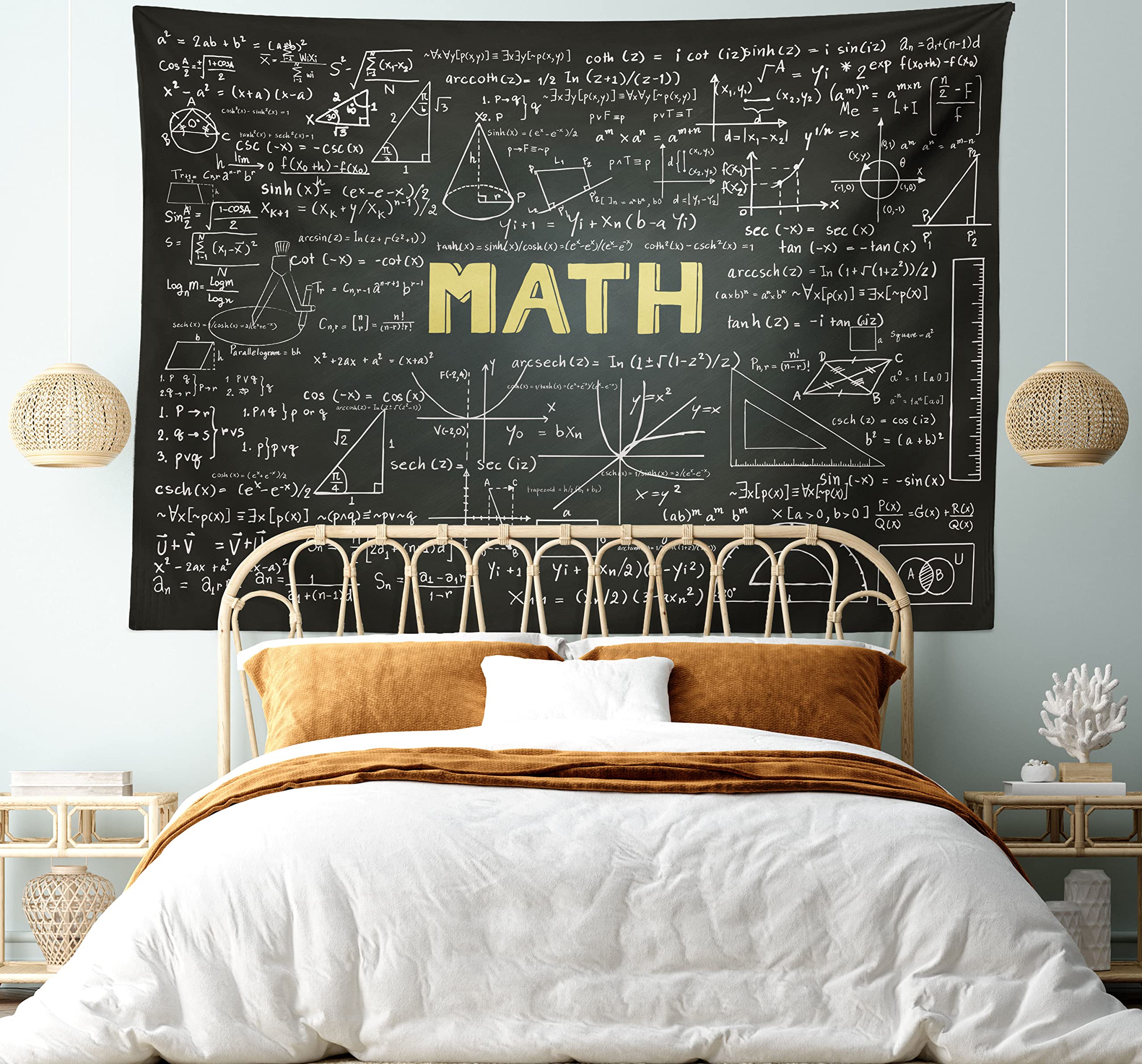 Lunarable Mathematics Room Tapestry, Dark Blackboard Backdrop with Math Equations Geometry Axis Art, Fabric Wall Hanging Decor for Bedroom Living Room Dorm, 45" X 30", Green Yellow