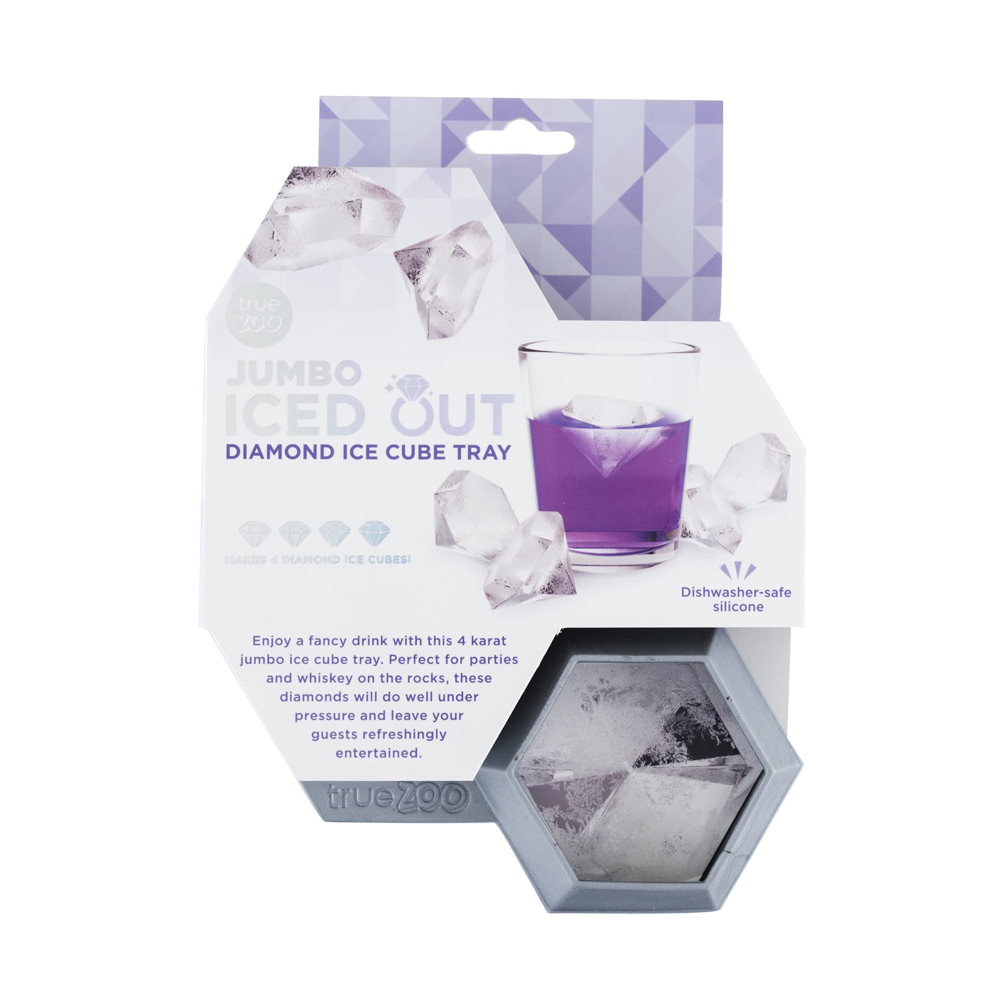 True Zoo Jumbo Iced Out Diamond Ice Tray, Silicone Mold and Ice Cube Tray for Cocktails, Makes 4 Ice Cubes, Grey, Set of 1