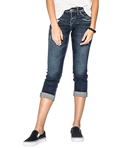 Silver Jeans Co. Women's Suki Mid Rise Curvy Fit Capri Jeans, Dark Denimotion, 31 Regular