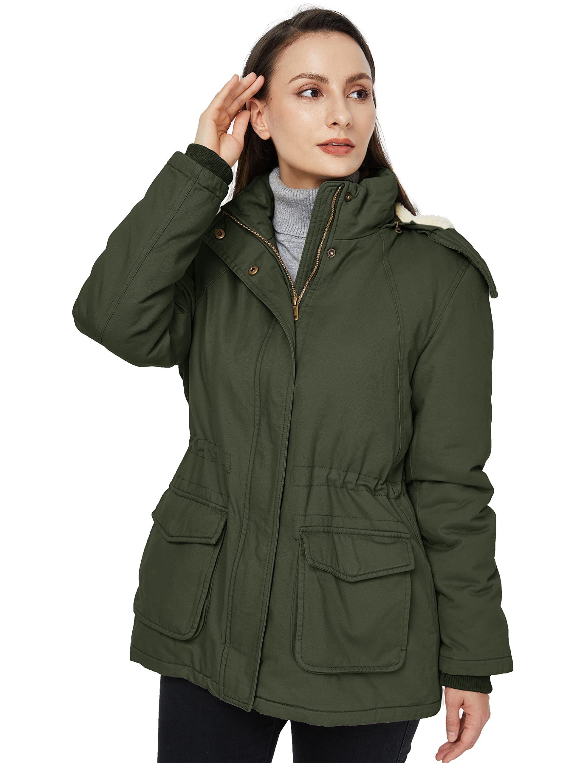 WenVen Women's Warm Fleece Lined Jacket Cotton Hooded Coat (Army Green, L)