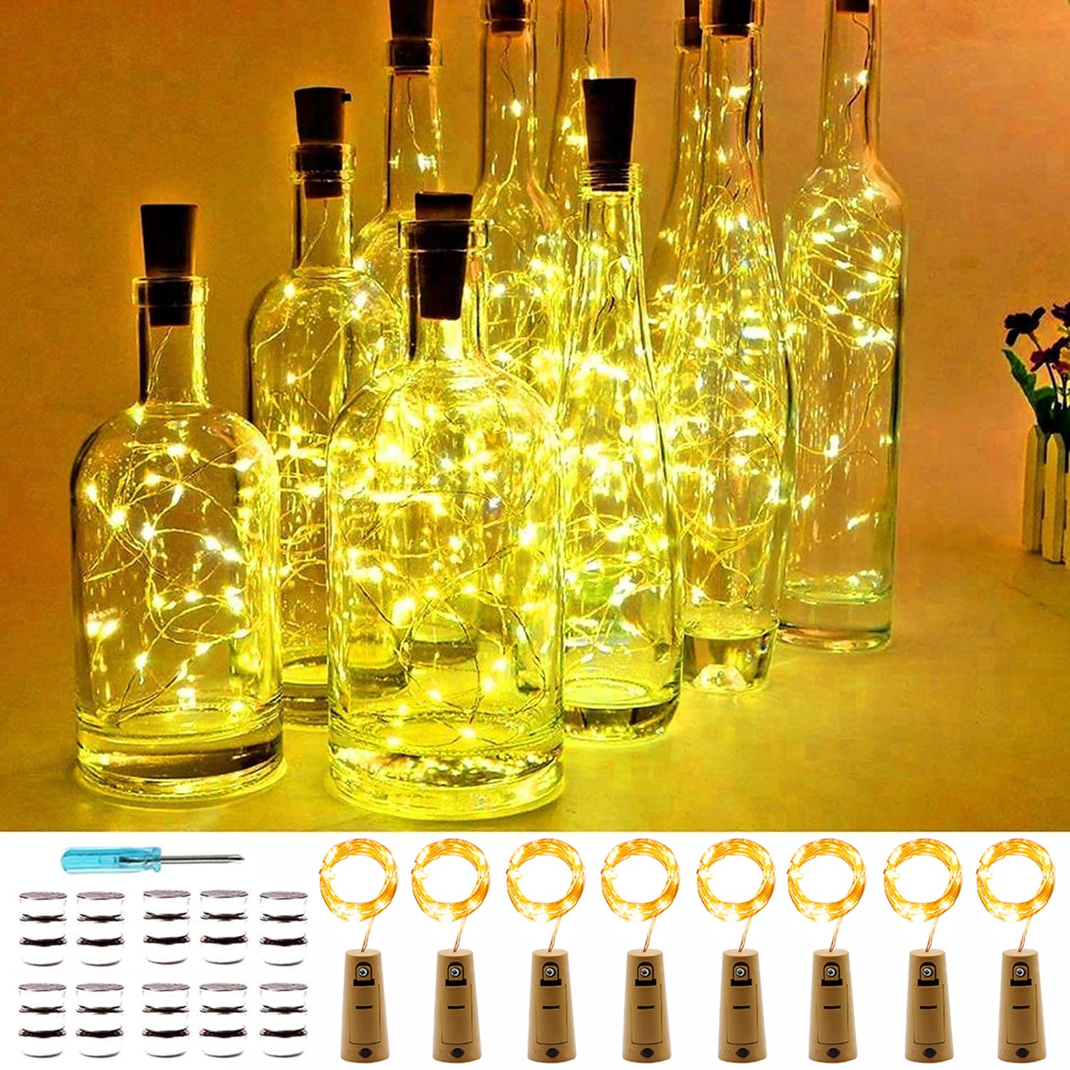 VOOKRY Wine Bottle Lights with Cork, 20 LED 8 Pack Battery Operated Cork Fairy String Lights Waterproof Mini Copper Wire Bottle Lights for Jar DIY, Party Wedding Gifts, Bar Decoration, Warm White