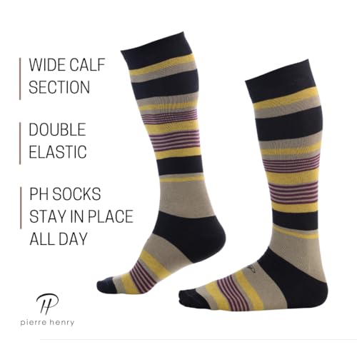 Pierre Henry Over the Calf Mens Dress Socks (9 Pairs) | Cotton Made, Long Socks, Wide Socks | Light Compression Socks for Men in Elegant Striped Patterns | Big and Tall Size (US Mens Shoe 12-16)