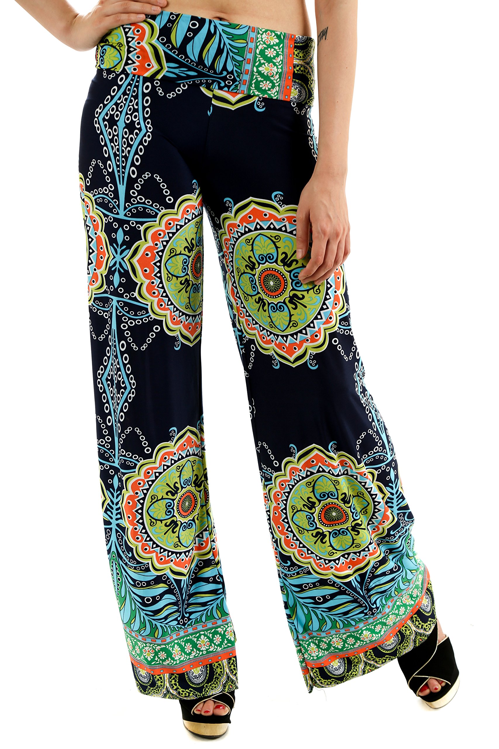 Uptown Apparel Womens Fold Over Waist Wide Leg Palazzo Pants, Good for Tall Curvy Women-Ships from U.S.A. (Small, Navy Tribal)