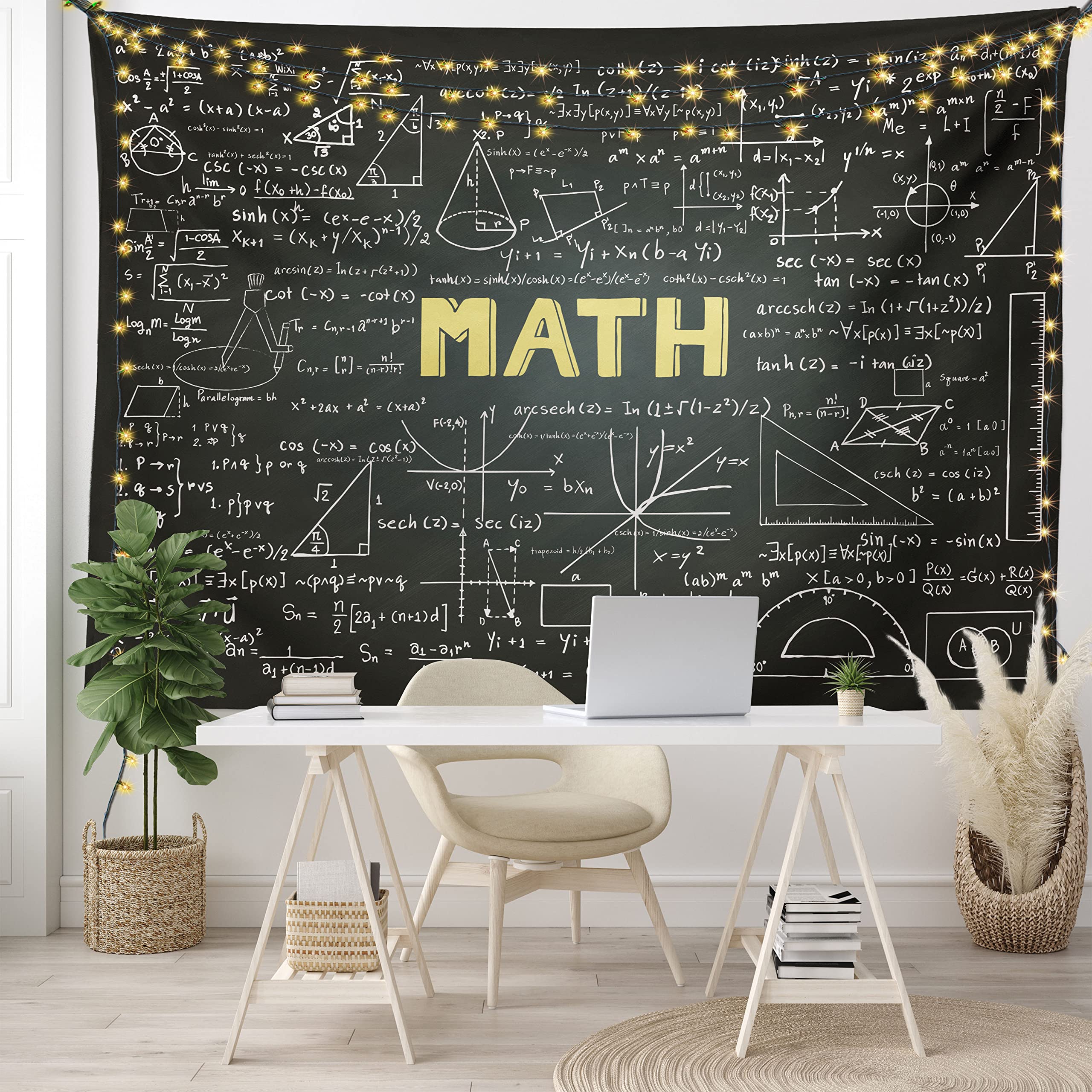 Lunarable Mathematics Room Tapestry, Dark Blackboard Backdrop with Math Equations Geometry Axis Art, Fabric Wall Hanging Decor for Bedroom Living Room Dorm, 45" X 30", Green Yellow