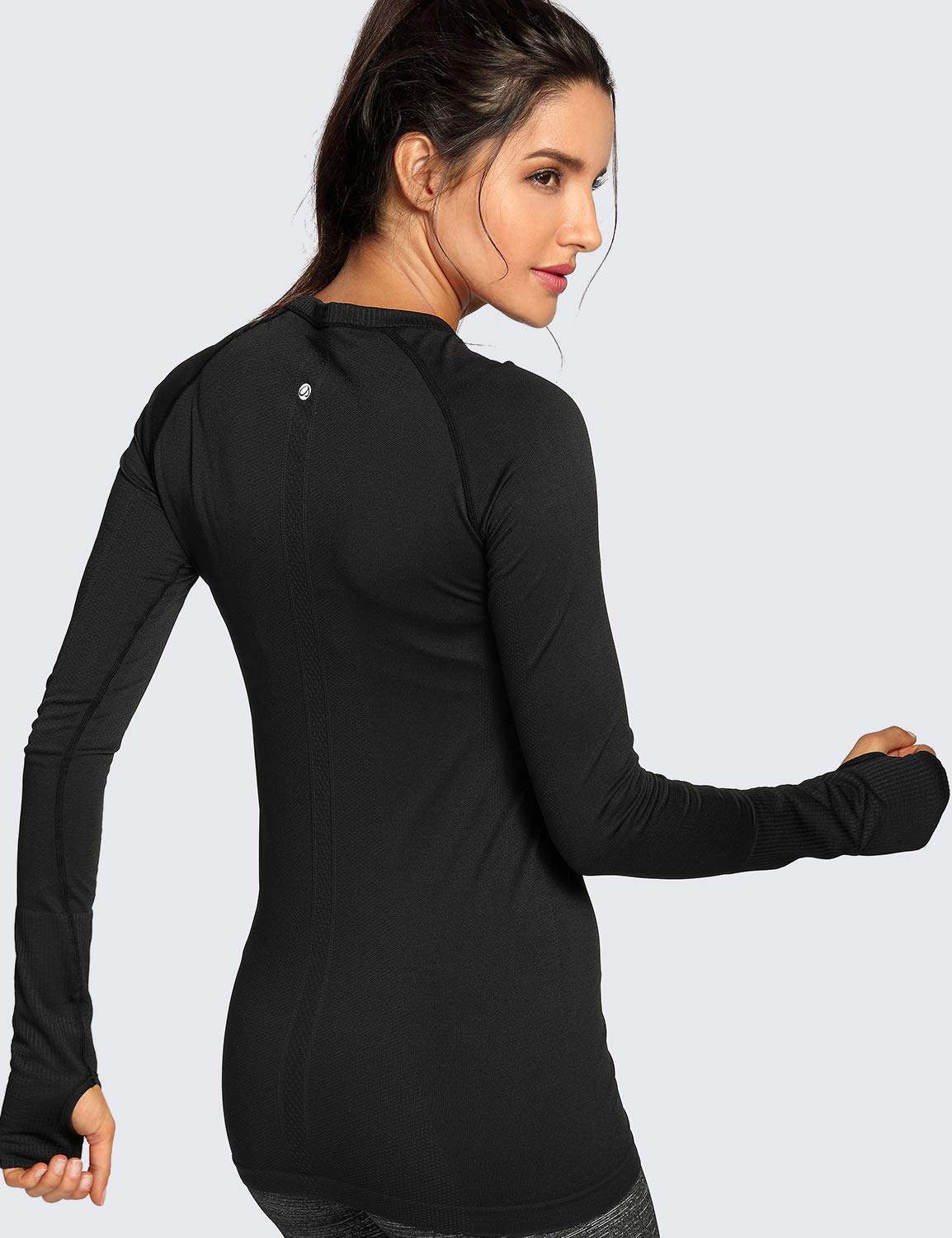 CRZ YOGA Women's Seamless Athletic Long Sleeves Sports Running Shirt Breathable Gym Workout Top Black-Slim Fit Large