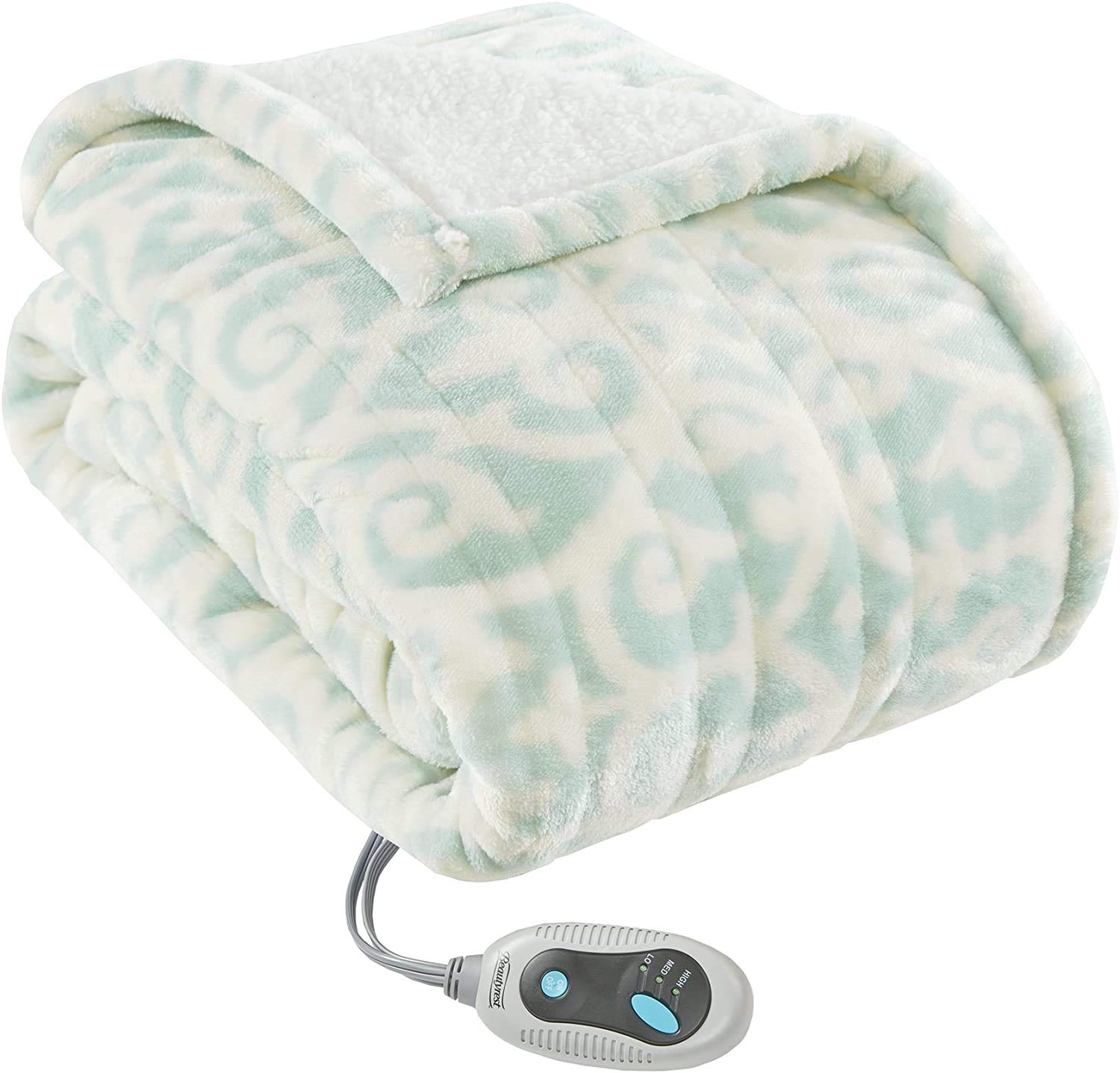 Beautyrest Ultra Soft Sherpa Berber Fleece Electric Poncho Wrap Blanket Heated Throw with Auto Shutoff, 50 in x 64 in, Dusty Blue Lattice
