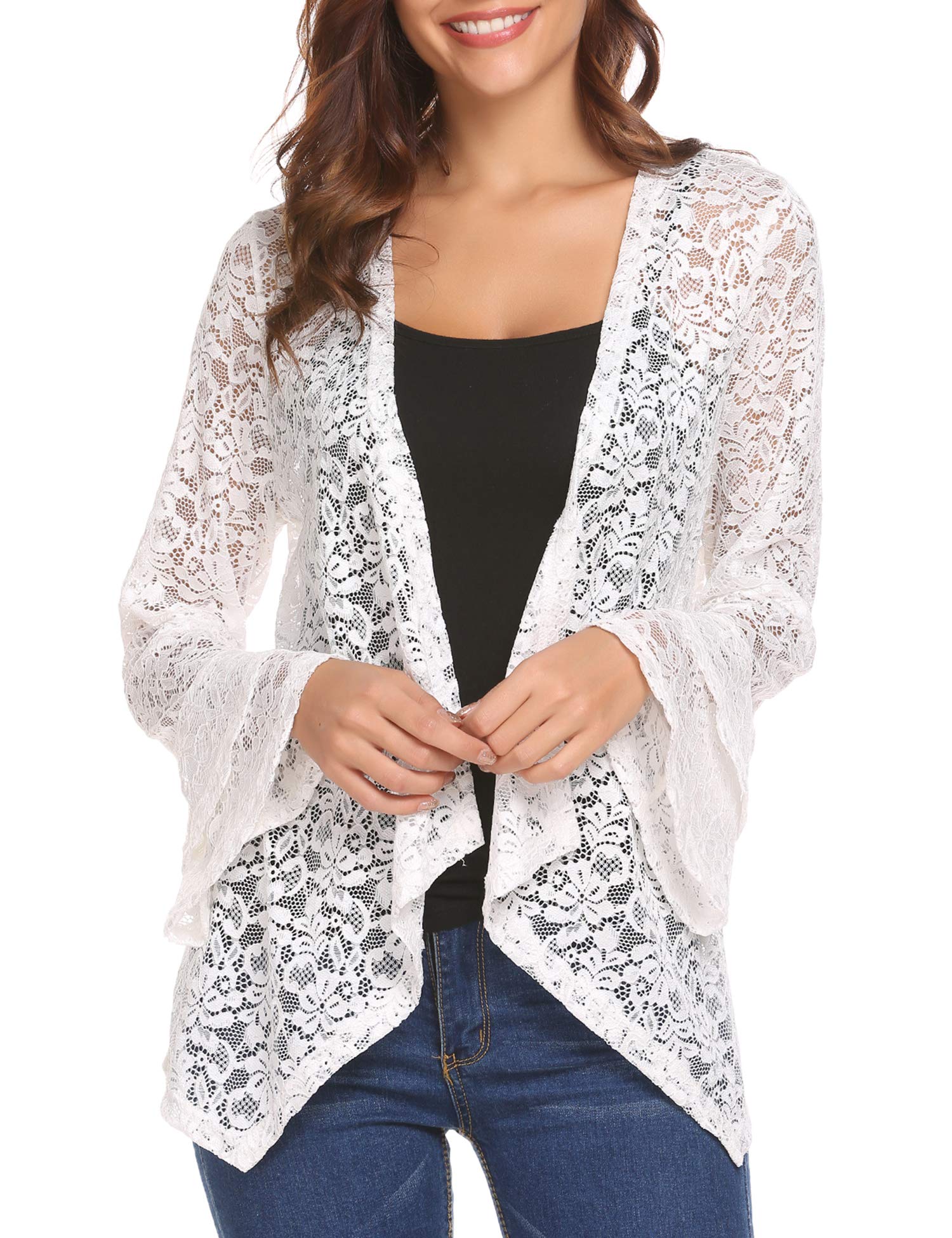 Deawell Womens Ruffle Sleeve Lace Cardigans Ladies Sheer See Through Cover Up Jacket (White, M)