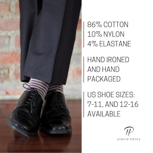 Pierre Henry Over the Calf Mens Dress Socks (9 Pairs) | Cotton Made, Long Socks, Wide Socks | Light Compression Socks for Men in Elegant Striped Patterns | Big and Tall Size (US Mens Shoe 12-16)