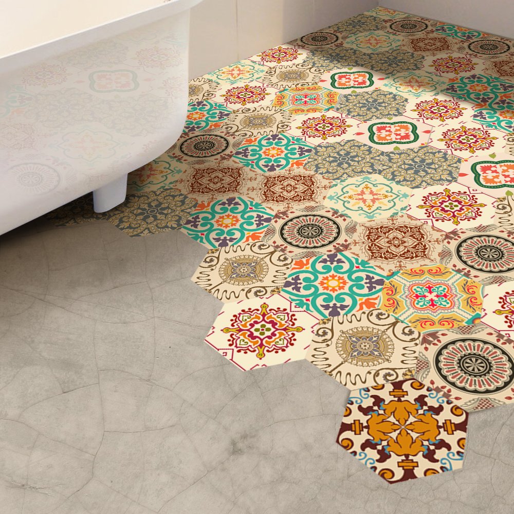 Alwayspon 10 Pcs Hexagon Non-Slip Floor Sticker for Home Decor, Peel and Stick Self-Adhesive Wall Sticker for Living Room Kitchen Bathroom, 7.9x9.1inch