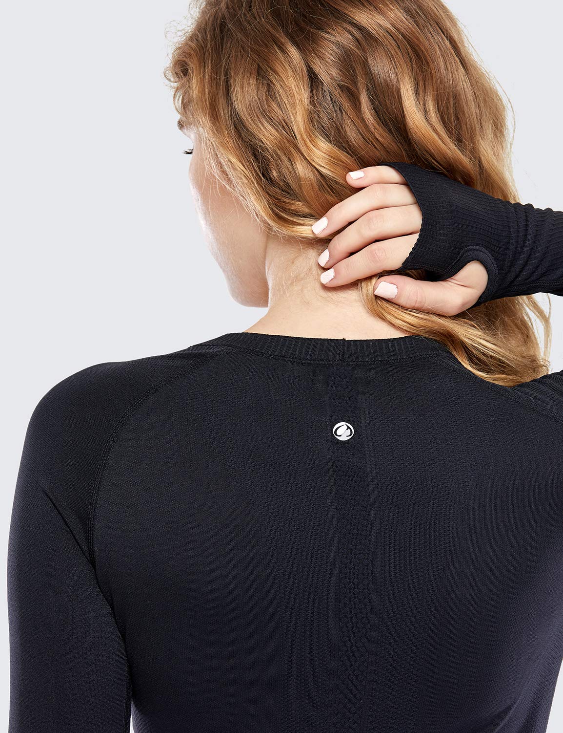 CRZ YOGA Women's Seamless Athletic Long Sleeves Sports Running Shirt Breathable Gym Workout Top Black-Slim Fit Large