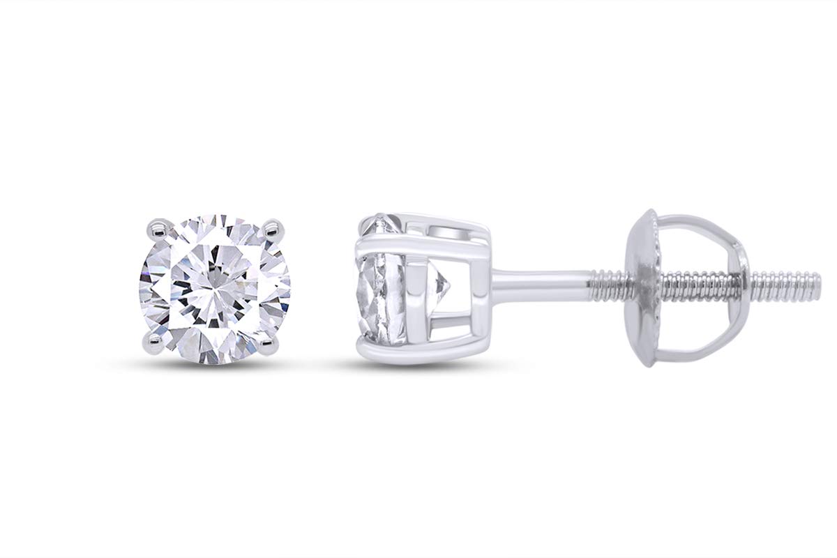 1/10ctw Round Natural Diamond Stud (IGI Certified 0.70 ct & up) Plus Quality Screw Back Earrings in 14k Solid White Gold, 0.04 Ctw - 2.00 Ctw