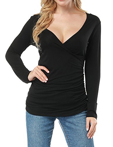 ALLEGRACE Womens Sexy Long Sleeve Tops Casual Fall Ruched V Neck Wrap Shirts Black L