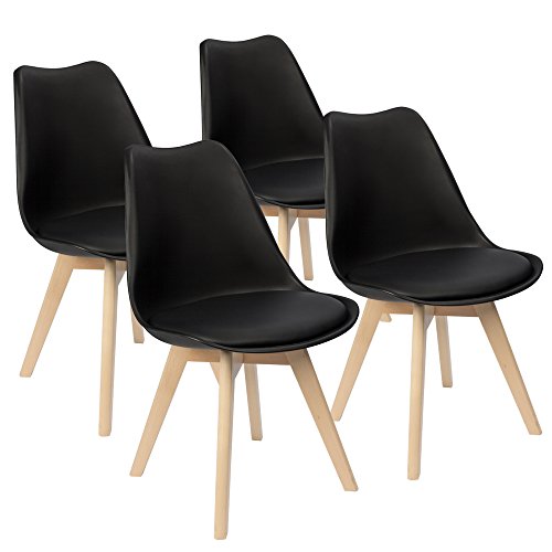 Furmax Mid Century Modern DSW Dining Chair Upholstered Side Chair with Beech Wood Legs and Soft Padded Shell Tulip Chair for Dining Room Living Room Bedroom Kitchen Set of 4 (Black)