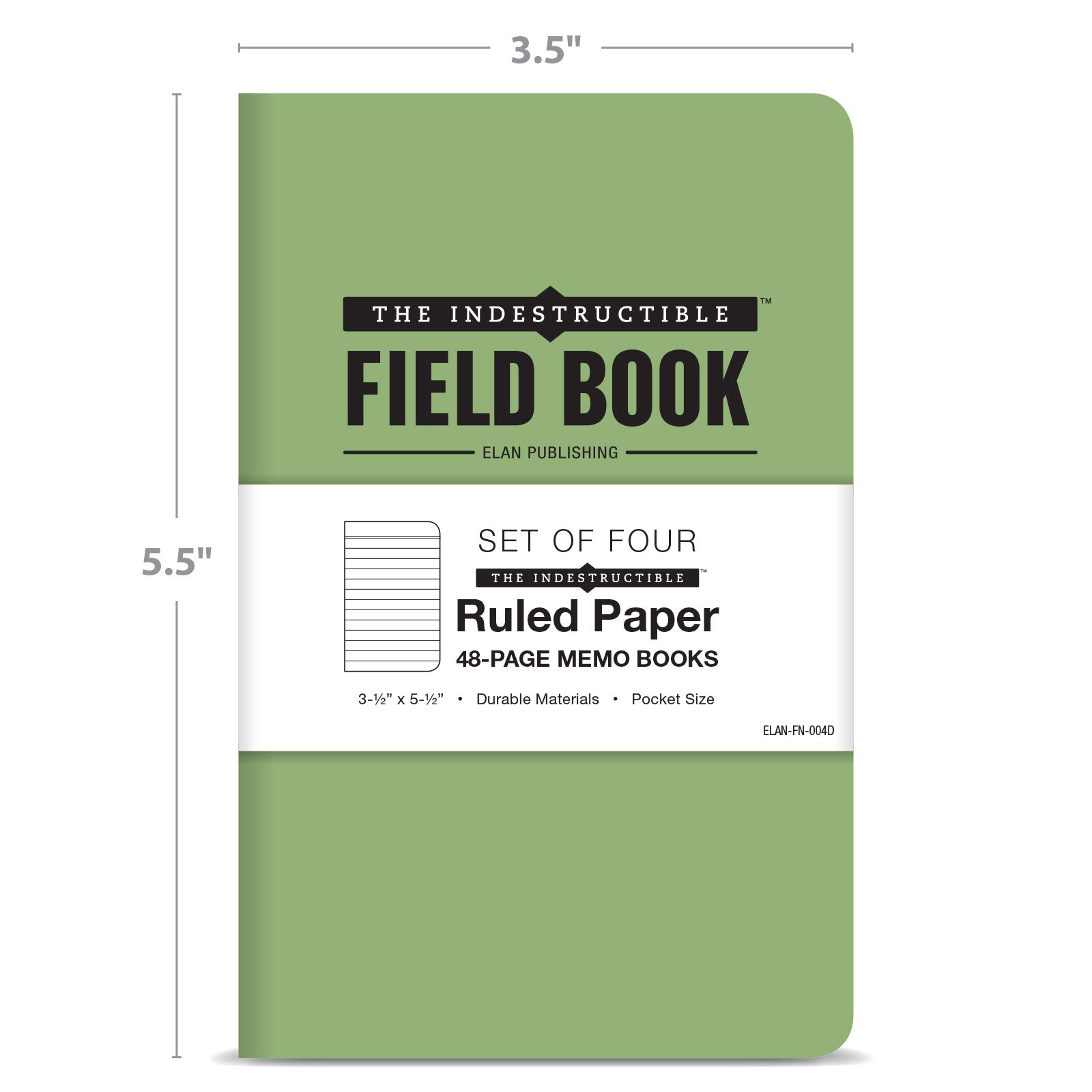 Elan Publishing Company The Indestructible, Waterproof, Tearproof, Weatherproof Field Notebook - 3.5"x5.5" - Green - Lined Memo Book - Pack of 4