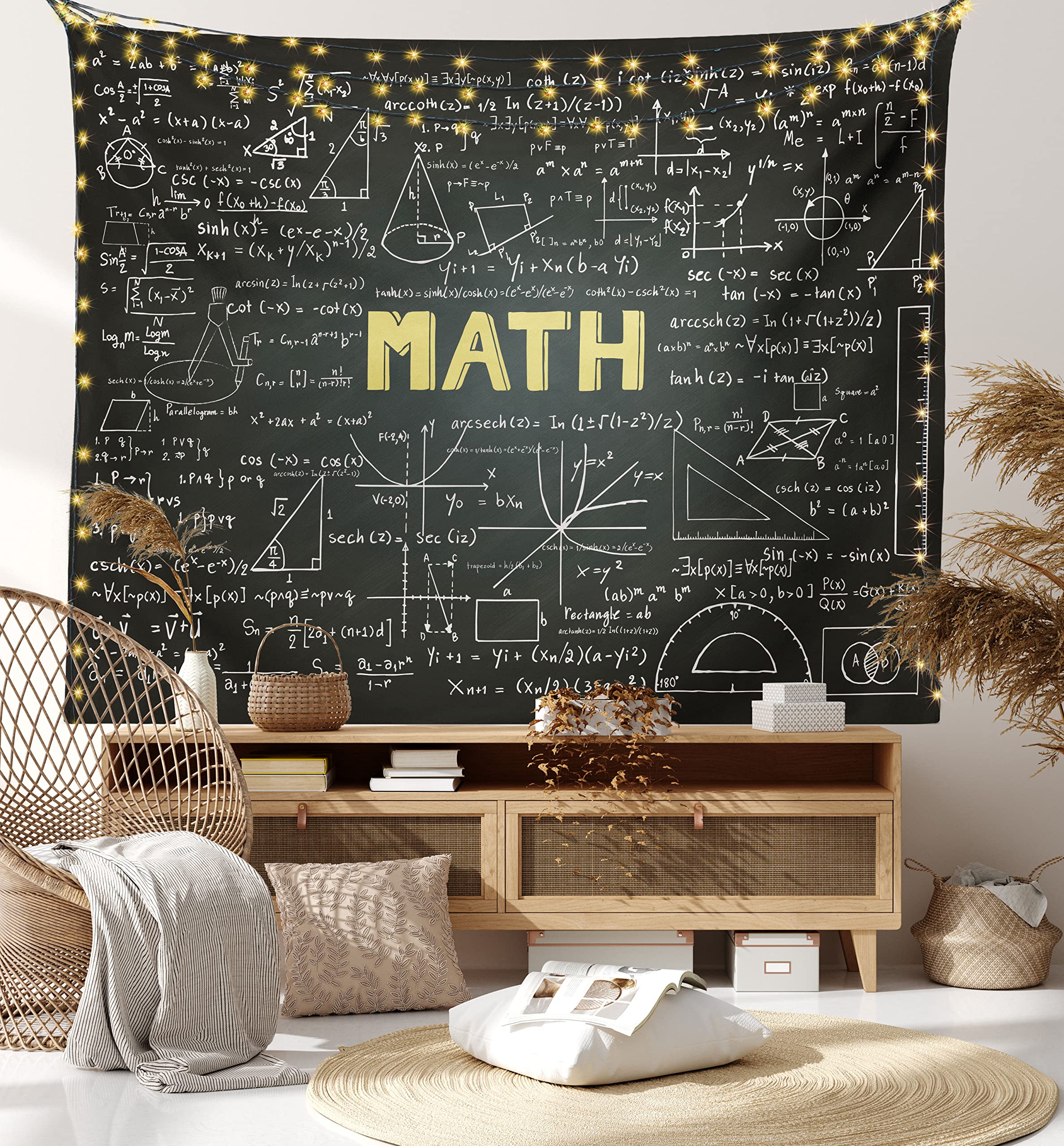 Lunarable Mathematics Room Tapestry, Dark Blackboard Backdrop with Math Equations Geometry Axis Art, Fabric Wall Hanging Decor for Bedroom Living Room Dorm, 45" X 30", Green Yellow