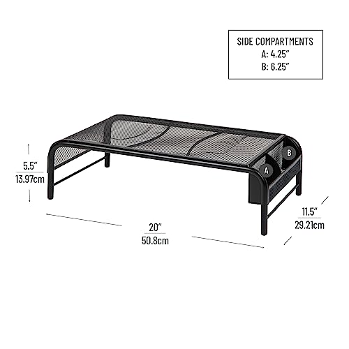 Mind Reader Monitor Stand, Ventilated Laptop Riser, Desktop Organizer, Side Storage, Metal Mesh, 20"L x 11.5"W x 5.5"H, Black