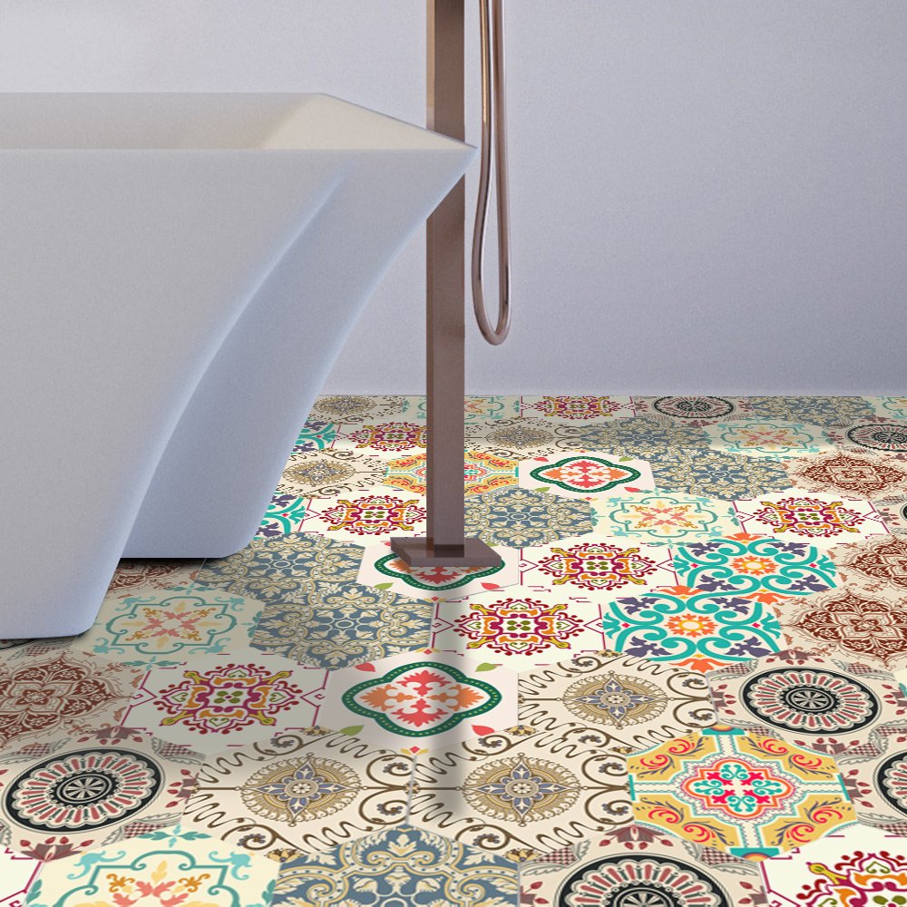 Alwayspon 10 Pcs Hexagon Non-Slip Floor Sticker for Home Decor, Peel and Stick Self-Adhesive Wall Sticker for Living Room Kitchen Bathroom, 7.9x9.1inch