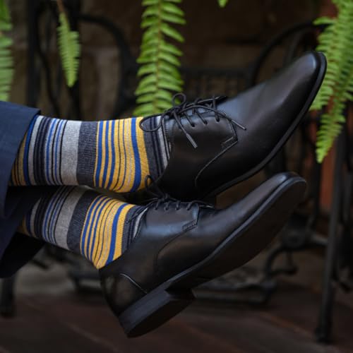 Pierre Henry Over the Calf Mens Dress Socks (9 Pairs) | Cotton Made, Long Socks, Wide Socks | Light Compression Socks for Men in Elegant Striped Patterns | Big and Tall Size (US Mens Shoe 12-16)