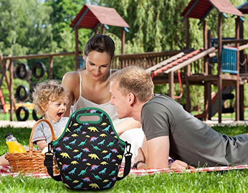 VASCHY Lunch Bag for Children, Neoprene Insulated Lunch Box Bag Tote with Detachable Adjustable Shoulder Strap in Cute Dinosaur