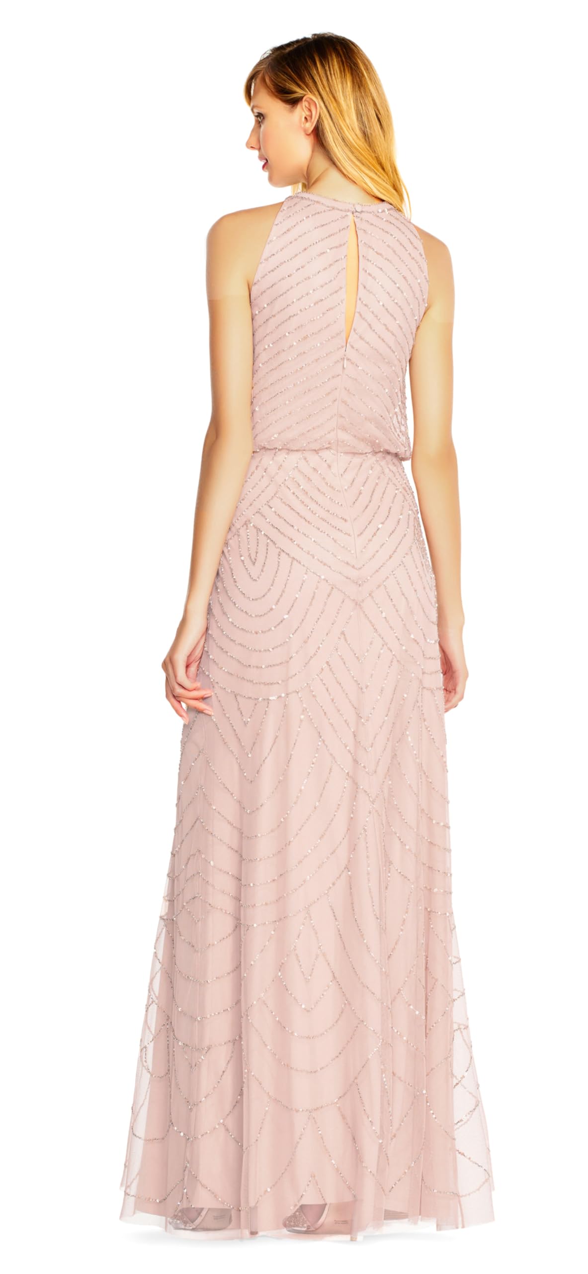 Adrianna Papell Womens Art Deco Beaded Blouson Dress with Halter Neckline, Blush, 16