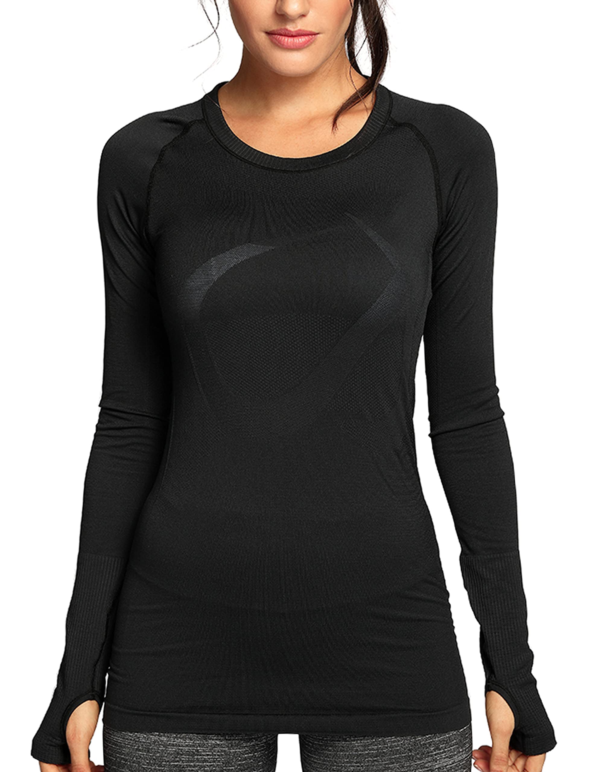 CRZ YOGA Women's Seamless Athletic Long Sleeves Sports Running Shirt Breathable Gym Workout Top Black-Slim Fit Large