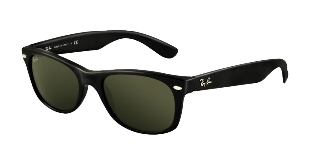 Ray-Ban RB2132 New Wayfarer Sunglasses Unisex 100% Authentic (Shiny Black Frame Solid Black G15 Lens, 58)