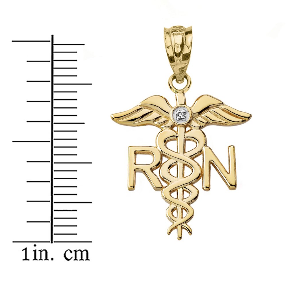 Sideways Crosses 10k Yellow Gold Solitaire Diamond Caduceus RN Charm Registered Nurse Necklace, 16"