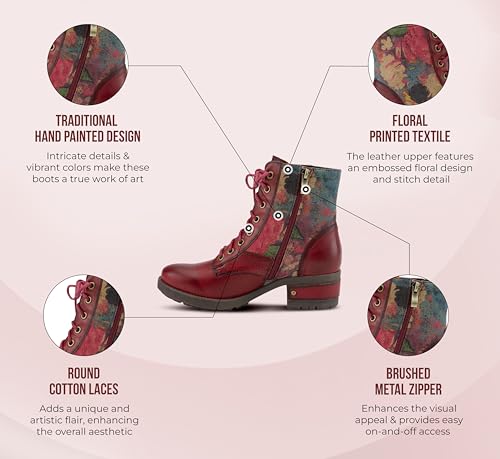 Spring Step Flexus Marty Boots for Women - Ladies Boots with Cozy Flannel Textile Lining - Women's Ankle Boots with Zipper Closure - Red EU 41 / US 9.5-10