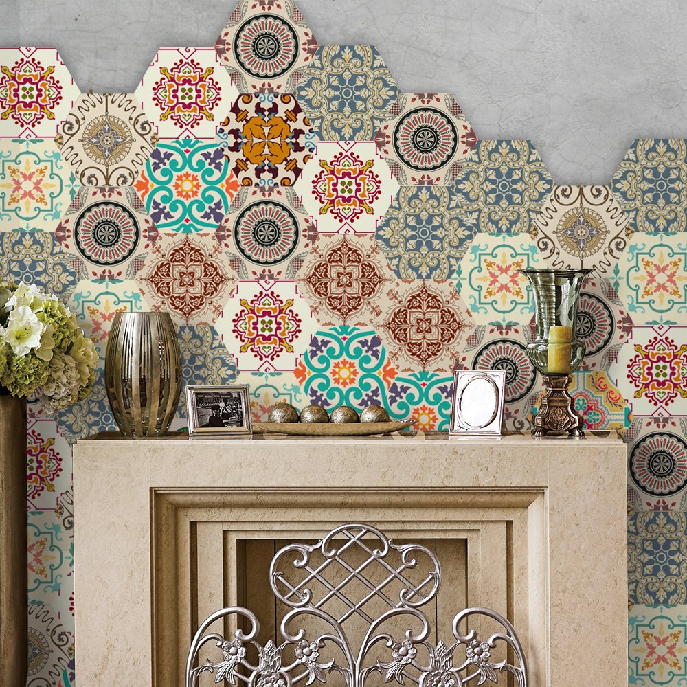 Alwayspon 10 Pcs Hexagon Non-Slip Floor Sticker for Home Decor, Peel and Stick Self-Adhesive Wall Sticker for Living Room Kitchen Bathroom, 7.9x9.1inch