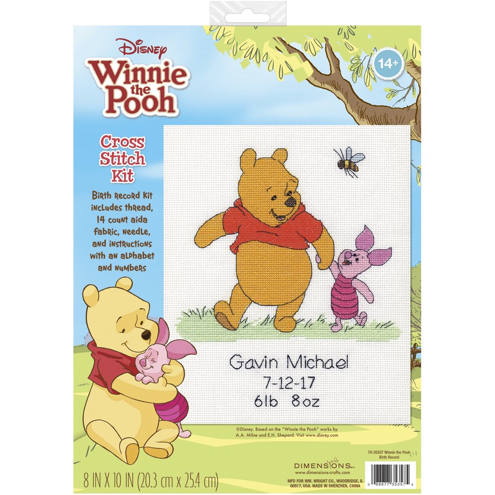 Dimensions 70-35357 Disney Winnie The Pooh Birth Record Counted Cross Stitch Kit, Winnie The Pooh Cross Stitch, 8" x 10"