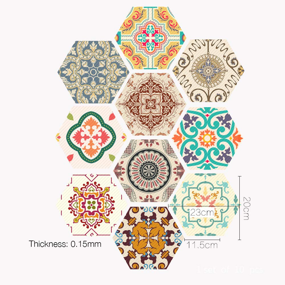 Alwayspon 10 Pcs Hexagon Non-Slip Floor Sticker for Home Decor, Peel and Stick Self-Adhesive Wall Sticker for Living Room Kitchen Bathroom, 7.9x9.1inch