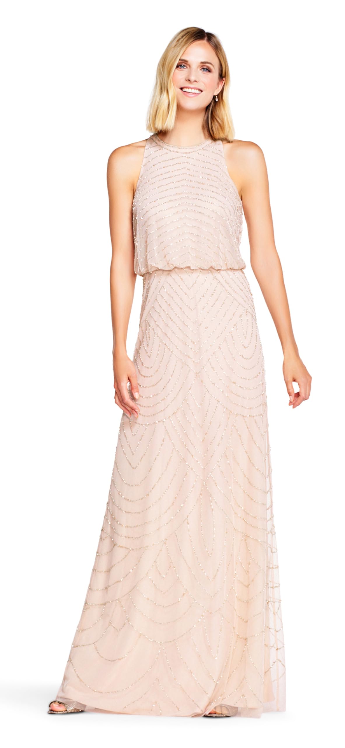 Adrianna Papell Womens Art Deco Beaded Blouson Dress with Halter Neckline, Blush, 16