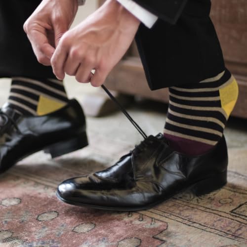 Pierre Henry Over the Calf Mens Dress Socks (9 Pairs) | Cotton Made, Long Socks, Wide Socks | Light Compression Socks for Men in Elegant Striped Patterns | Big and Tall Size (US Mens Shoe 12-16)
