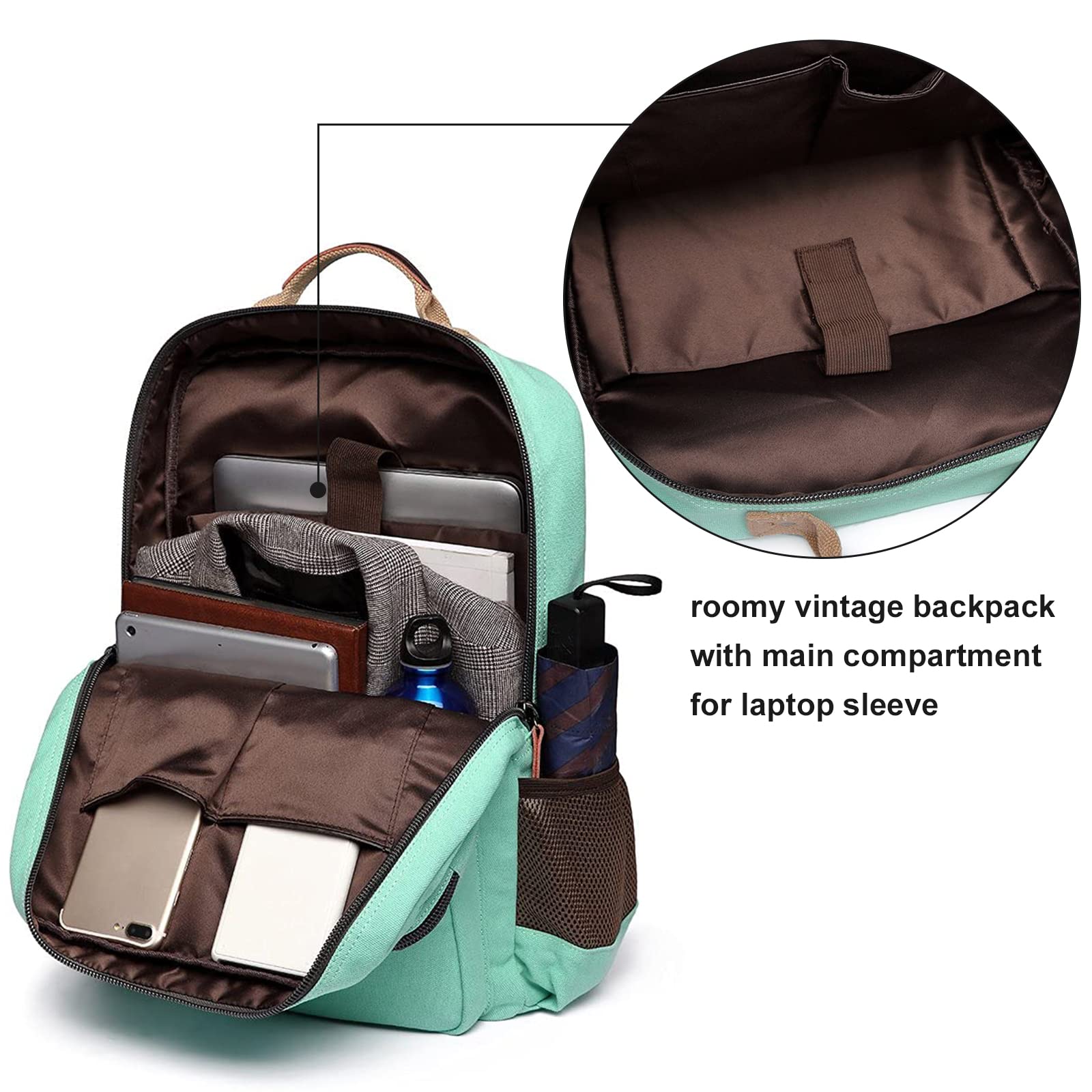 CAMTOP School Backpack Vintage Canvas Laptop Backpacks Men Women Rucksack Bookbags Travel (Mint Green)