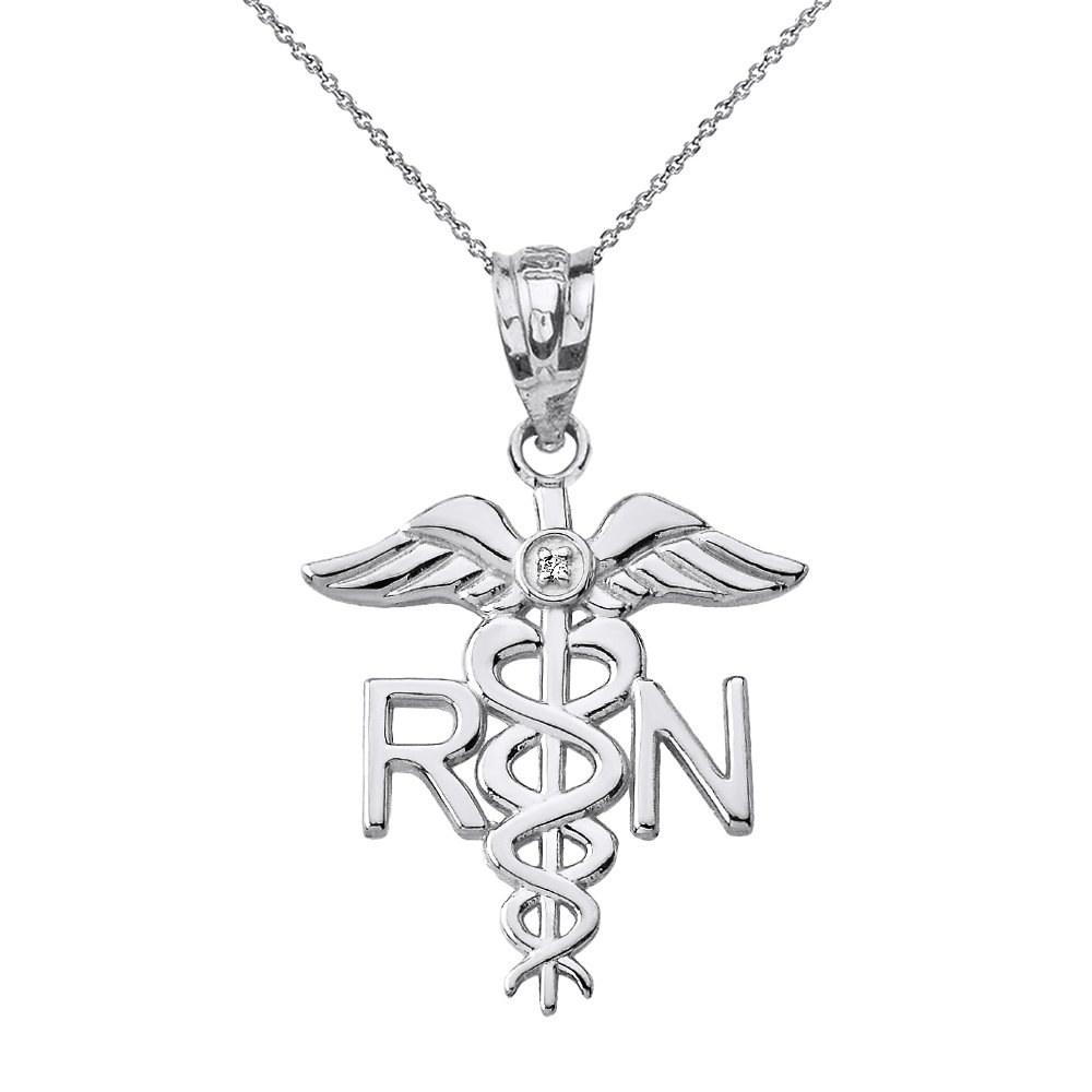 Sterling Silver Caduceus RN Charm Registered Nurse CZ Pendant Necklace, 18"